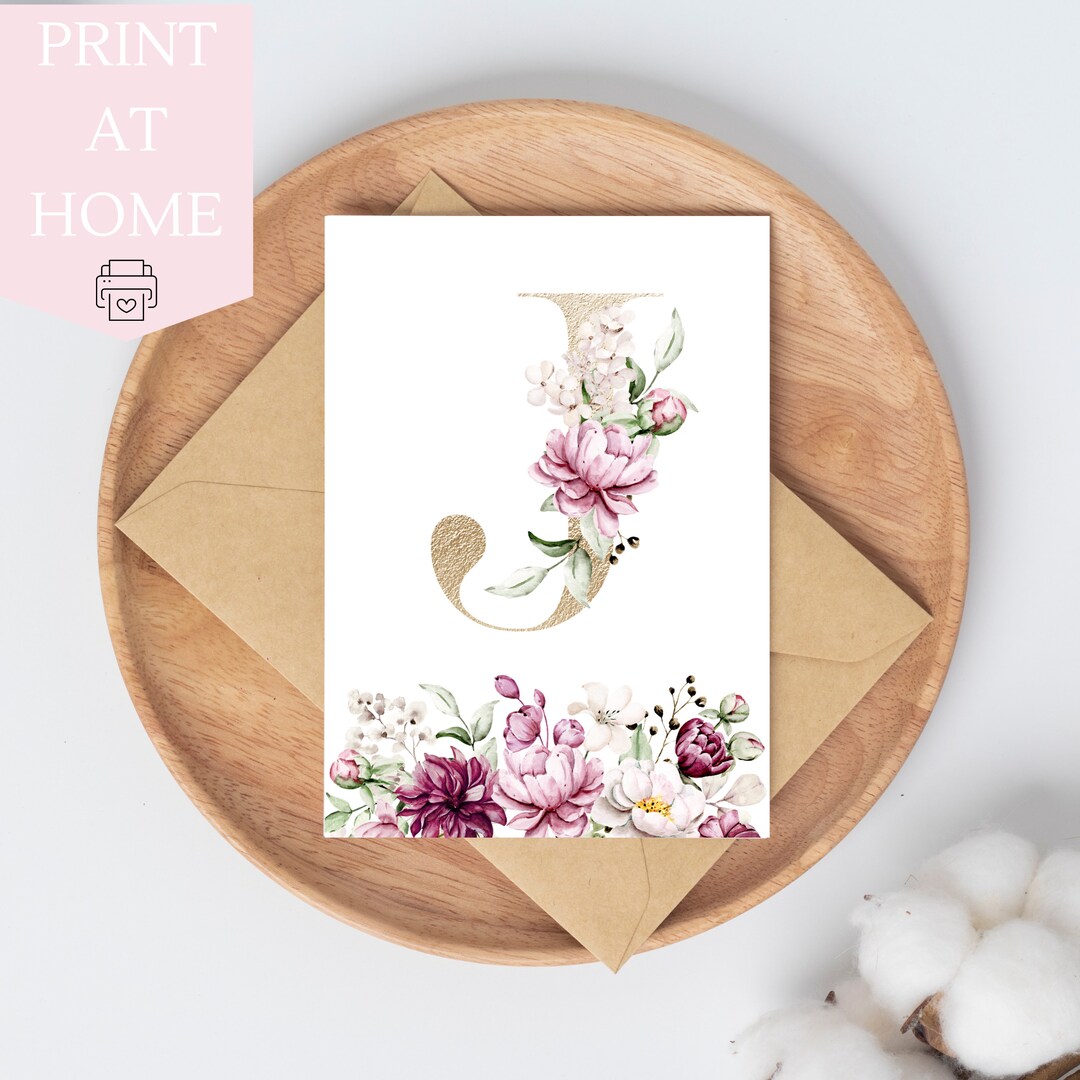J Letter Name Alphabet Card Purple Peony and Gold Foil Design Printable ...