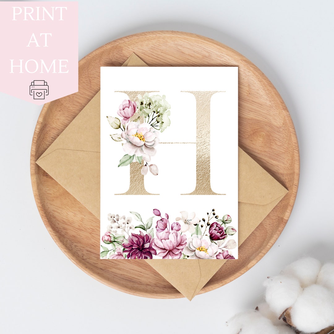 H Letter Name Alphabet Card Purple Peony and Gold Foil Design Printable ...