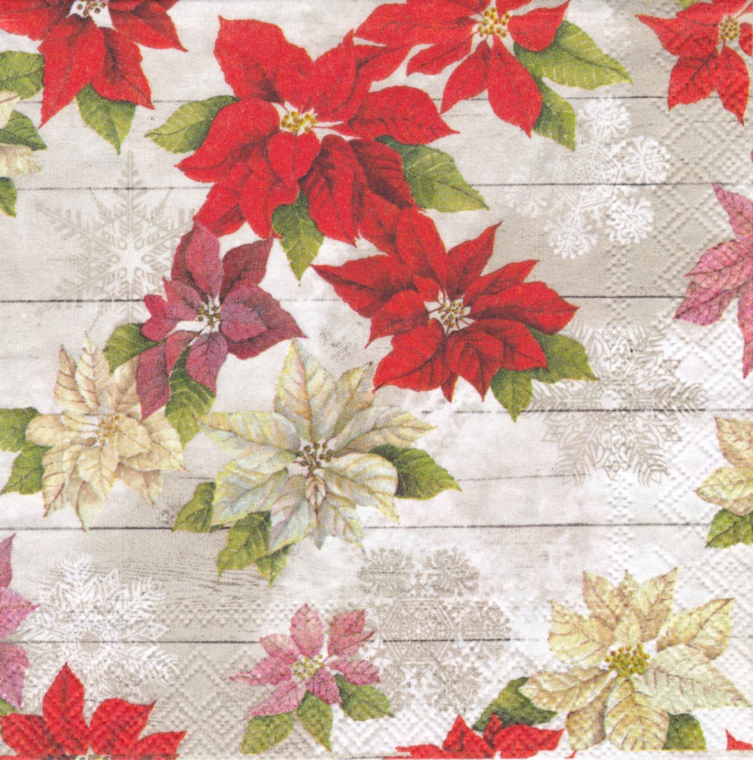 2 Rustic Christmas Poinsettia Snowflake Paper Napkins for Decoupage and ...