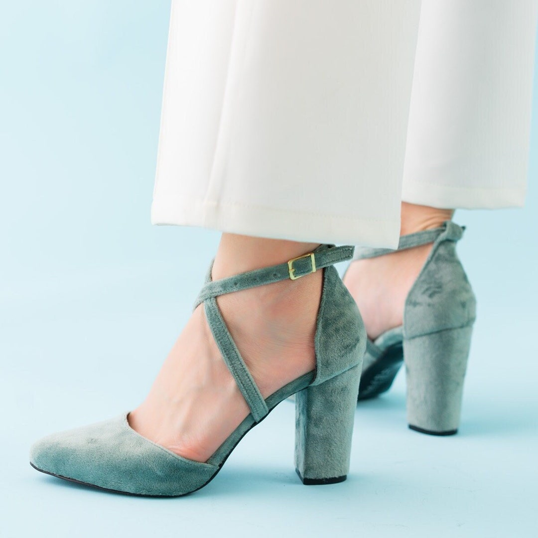 Light Green Block Heel Velvet Women's Shoes..ankle Strap - Etsy