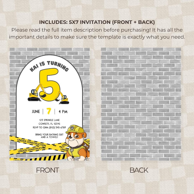 Rubble & Crew Invitation | Canva Template | Editable Invitation ...