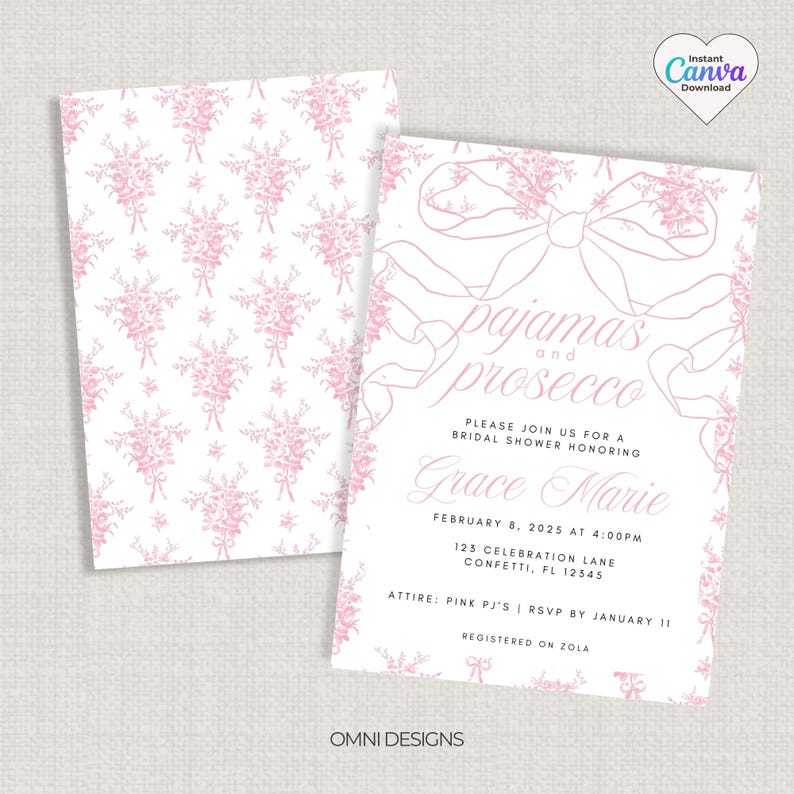 Pajamas and Prosecco Bridal Shower Invitation | Pink Floral, Editable ...
