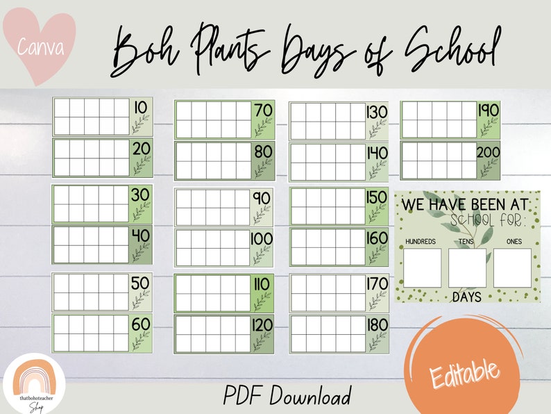 EDITIERBARE druckbare Boho Plants Days of School Diagramm, 10er Rahmen ...