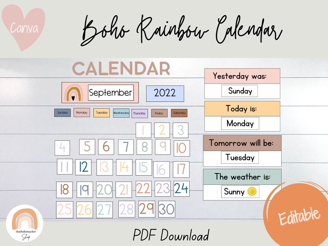 EDITABLE Printable Boho Rainbow Calendar, Classroom Decor, Classroom ...