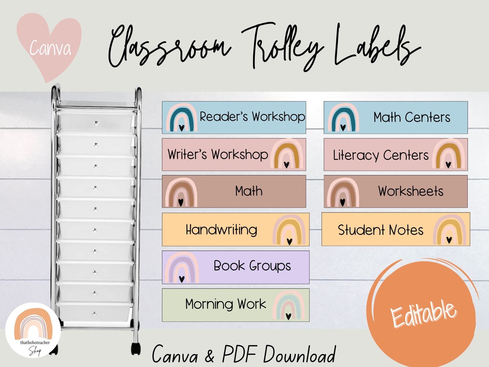 EDITABLE Printable Boho Rainbow Drawer Rolling Cart Labels, Classroom ...