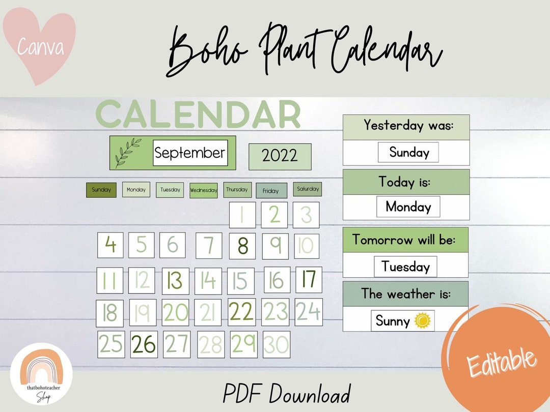 EDITABLE Printable Boho Plant Calendar, Classroom Decor, Classroom ...