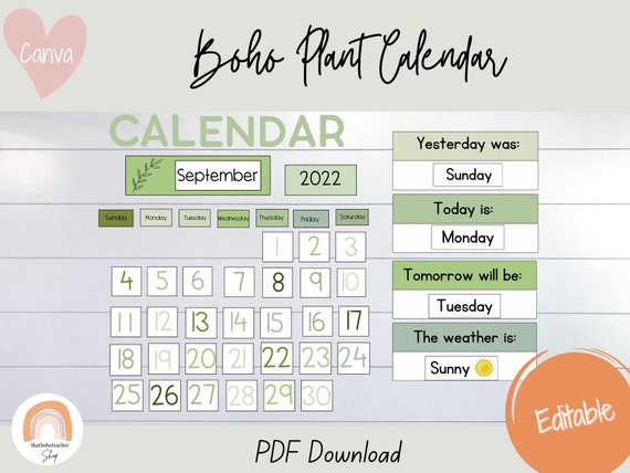 EDITABLE Printable Boho Plant Calendar Classroom Decor - Etsy