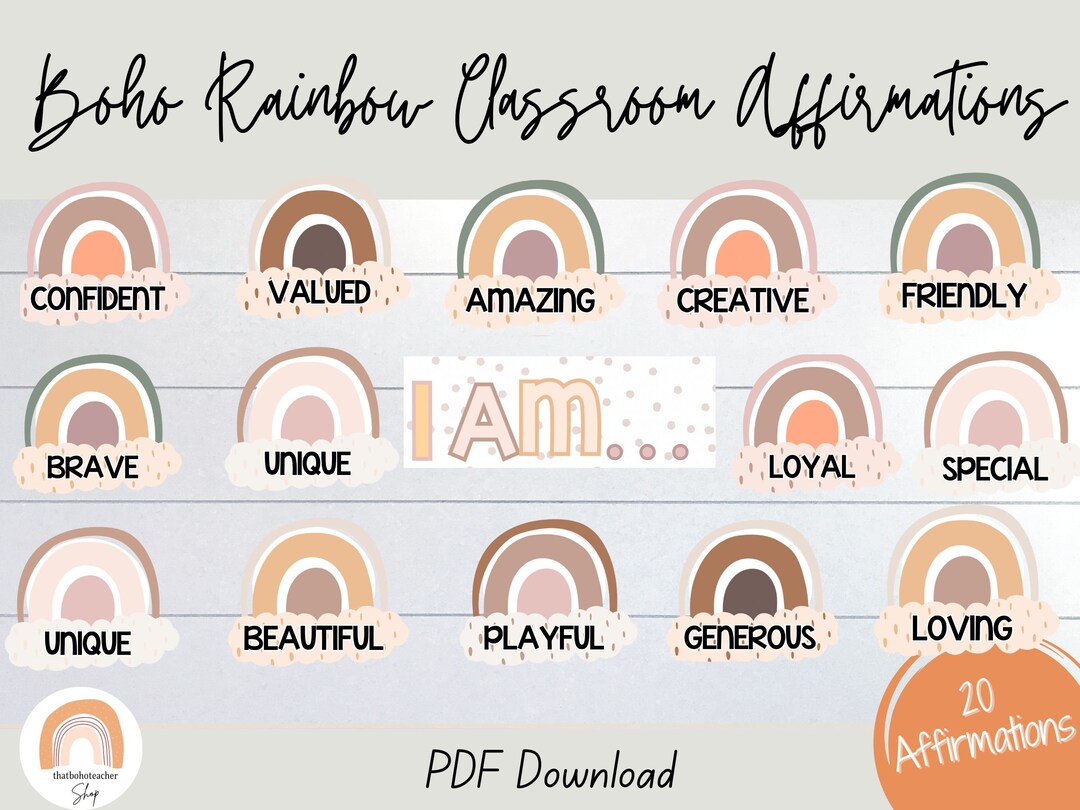 Boho Rainbow Classroom Affirmations, 20 Positive Sayings, Digital ...
