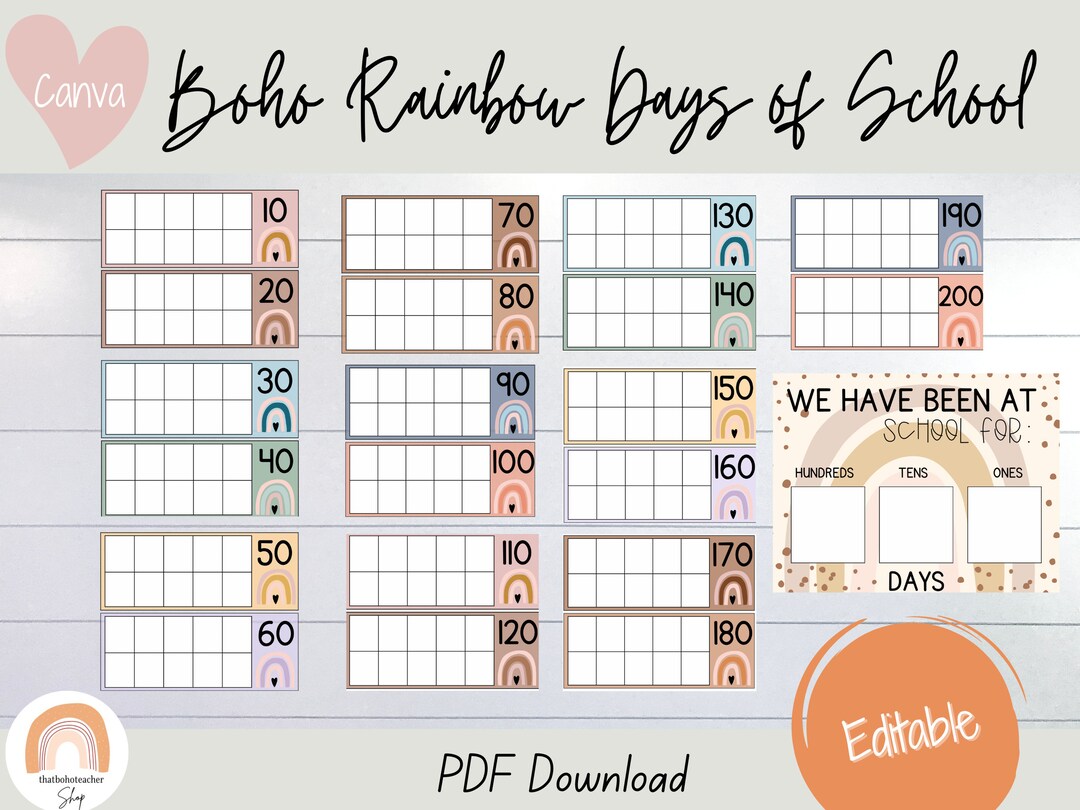 EDITABLE Printable Boho Rainbow Days of School Chart, Classroom Decor ...