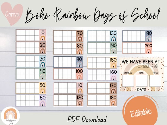 EDITABLE Printable Boho Rainbow Days of School Chart - Etsy
