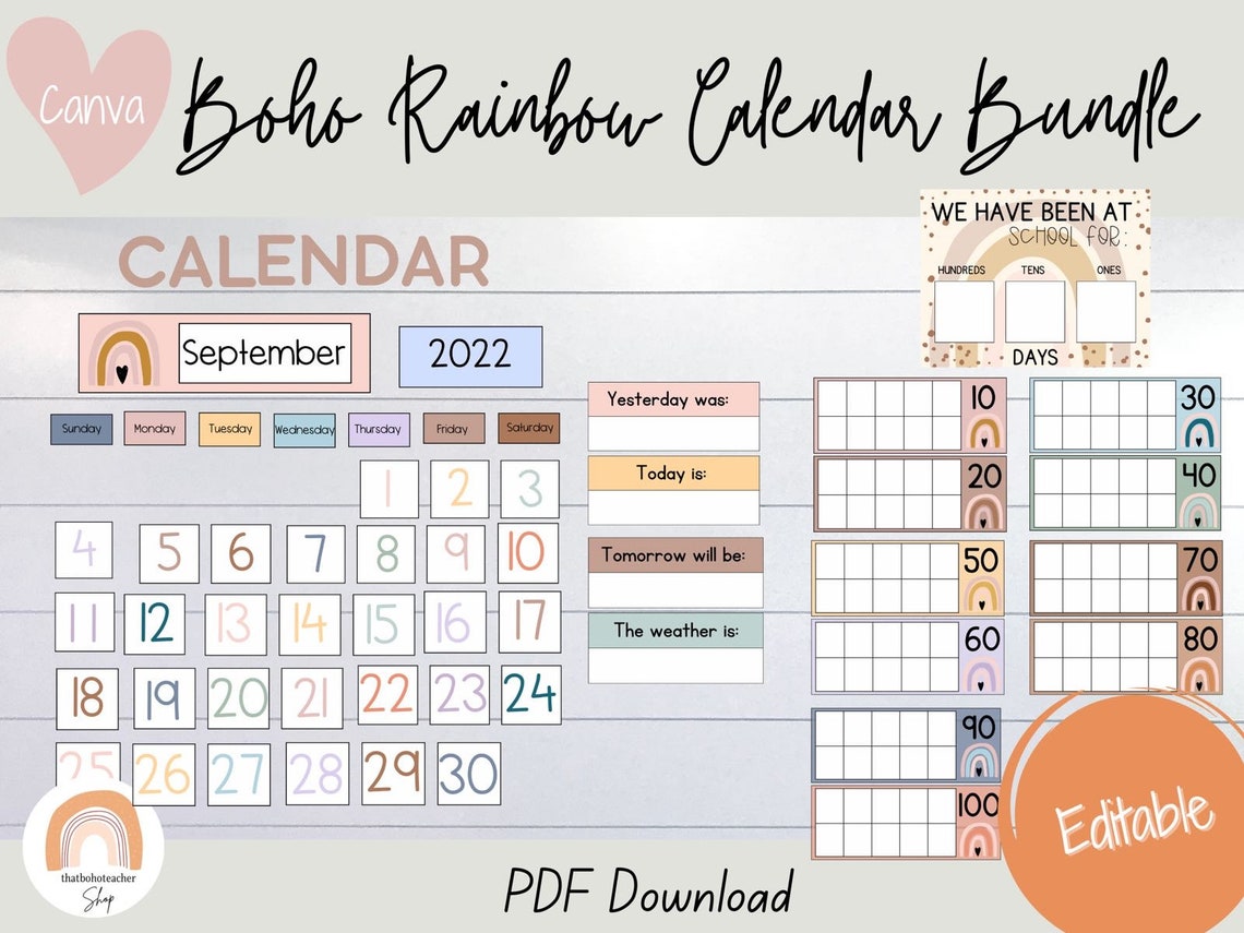 EDITABLE Printable Boho Rainbow Calendar Bundle, Classroom Decor ...