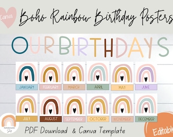 Class Birthdays Printable Posters Boho Rainbow, Birthday Bulletin Board ...