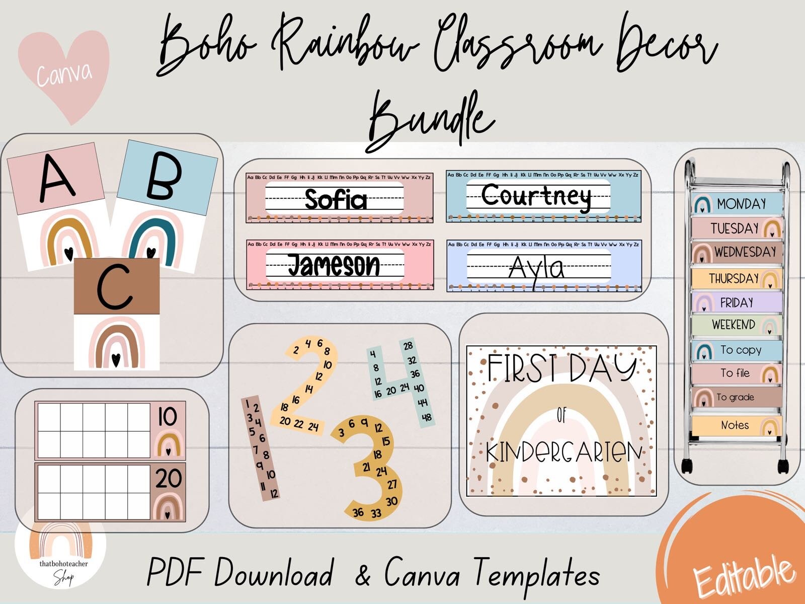 EDITABLE Printable Boho Rainbow Classroom Decor Bundle, Classroom Decor ...