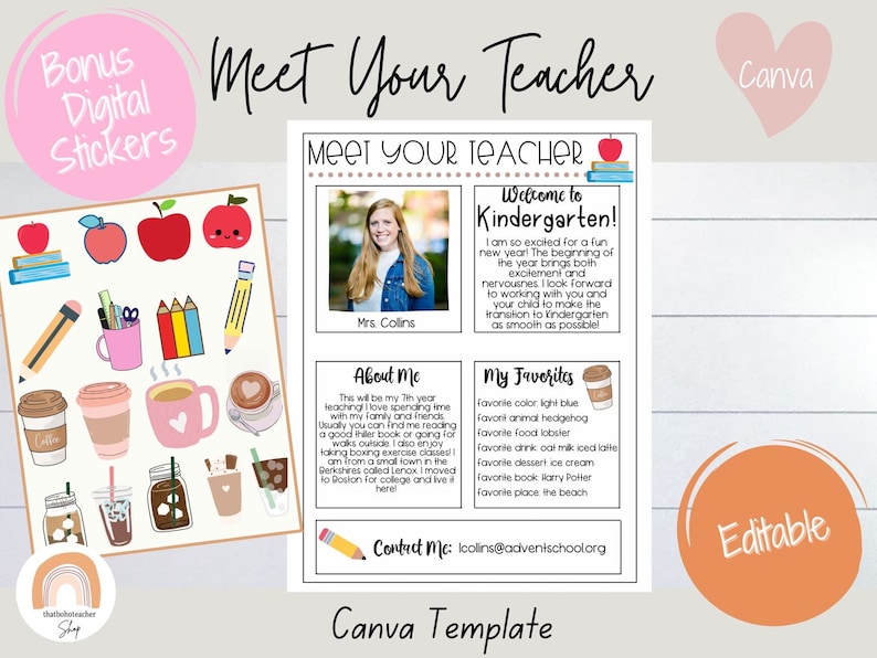 Editable Meet Your Teacher Template, Printable, Back to School, Bonus ...