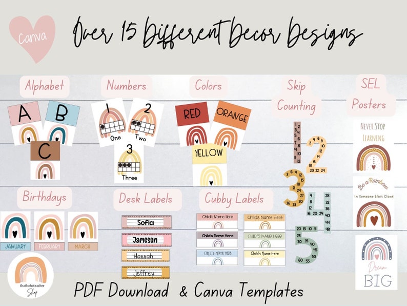 EDITABLE Printable Boho Rainbow Classroom Decor Bundle, Classroom Decor ...