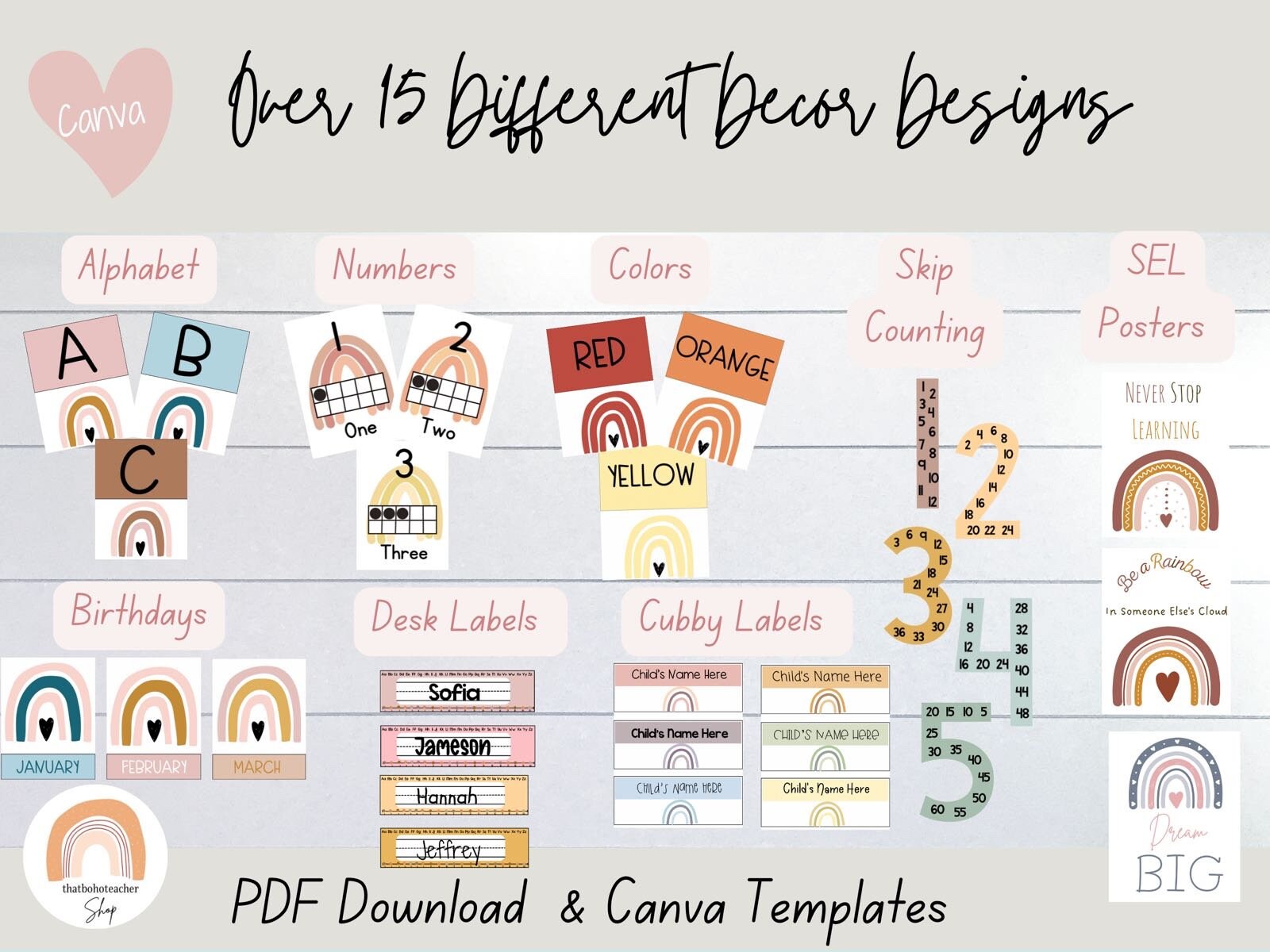 EDITABLE Printable Boho Rainbow Classroom Decor Bundle, Classroom Decor ...