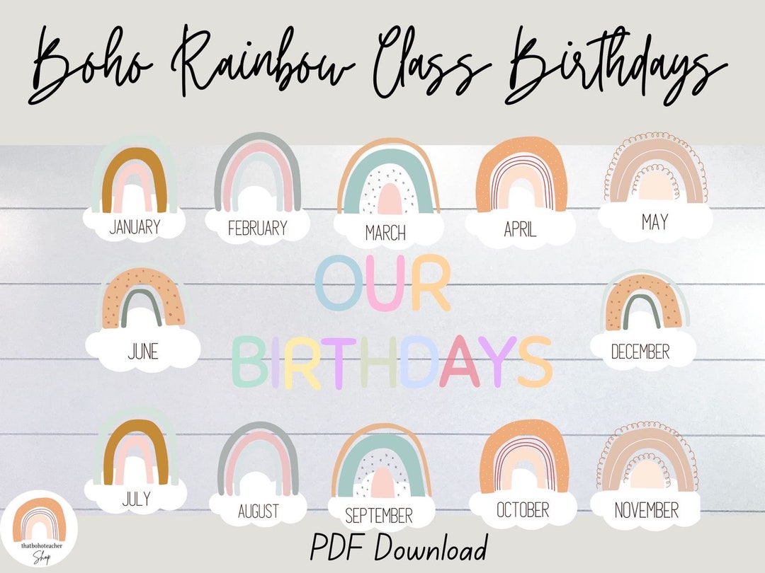 Class Birthdays Printable Posters Boho Rainbow, Birthday Bulletin Board ...