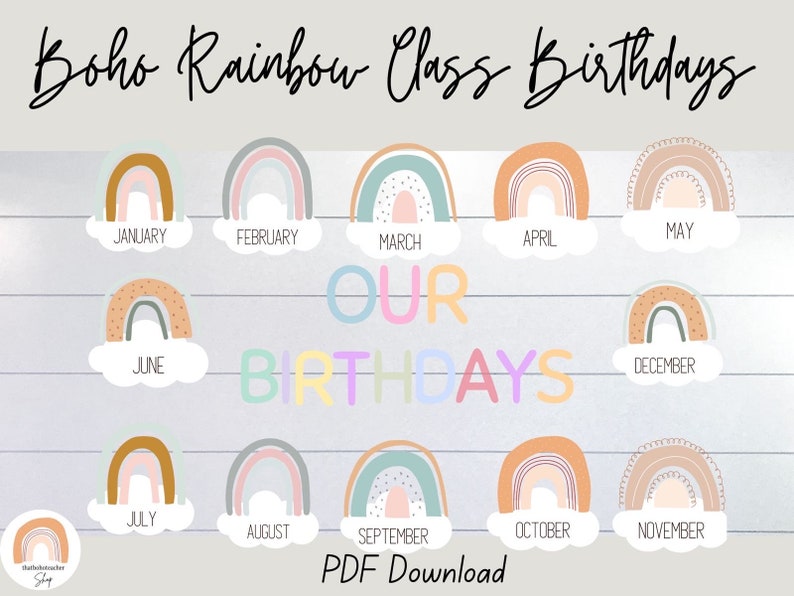 Class Birthdays Printable Posters Boho Rainbow, Birthday Bulletin Board ...