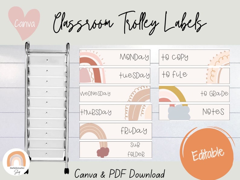 EDITABLE Printable Boho Rainbow Drawer Rolling Cart Labels, Classroom ...