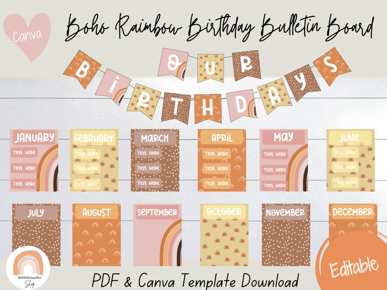 Boho Rainbow, Birthday Bulletin Board Kit, Classroom Display Months ...