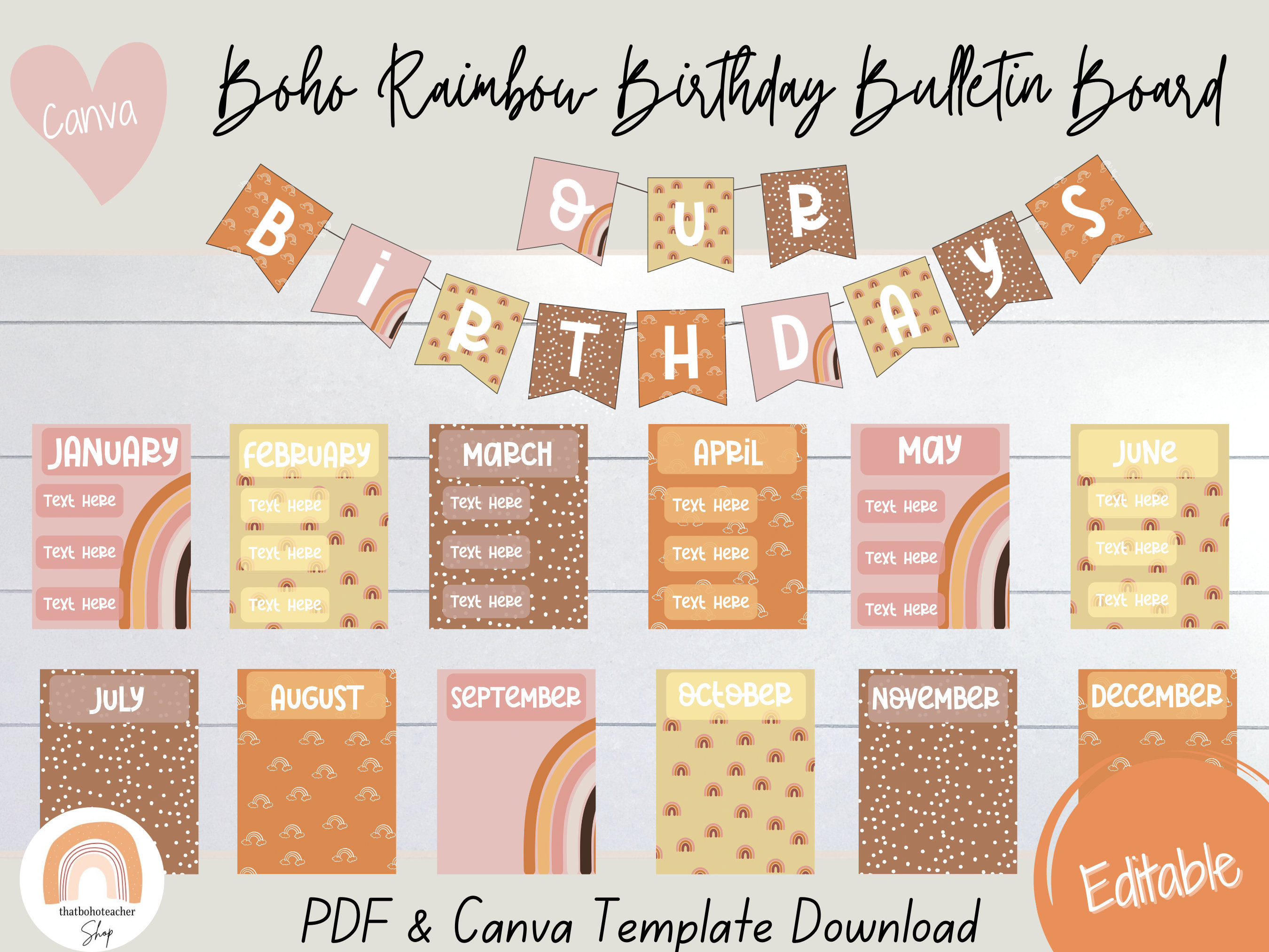 Boho Rainbow, Birthday Bulletin Board Kit, Classroom Display Months ...