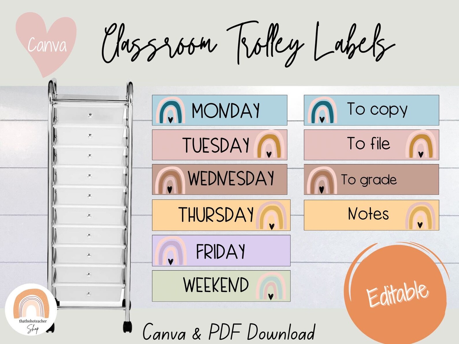 EDITABLE Printable Boho Rainbow Drawer Rolling Cart Labels, Classroom ...
