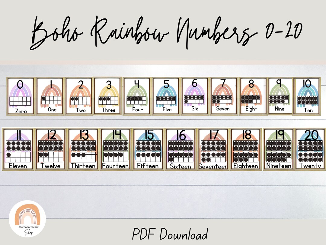 BOHO RAINBOW Numbers 0-20 Posters | Neutral Rainbow Classroom Decor ...