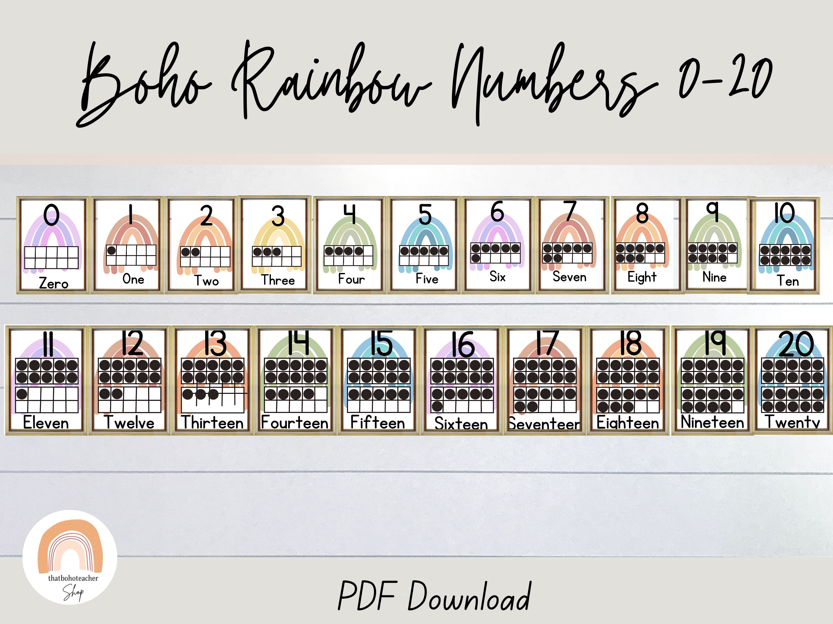 BOHO RAINBOW Numbers 0-20 Posters | Neutral Rainbow Classroom Decor ...