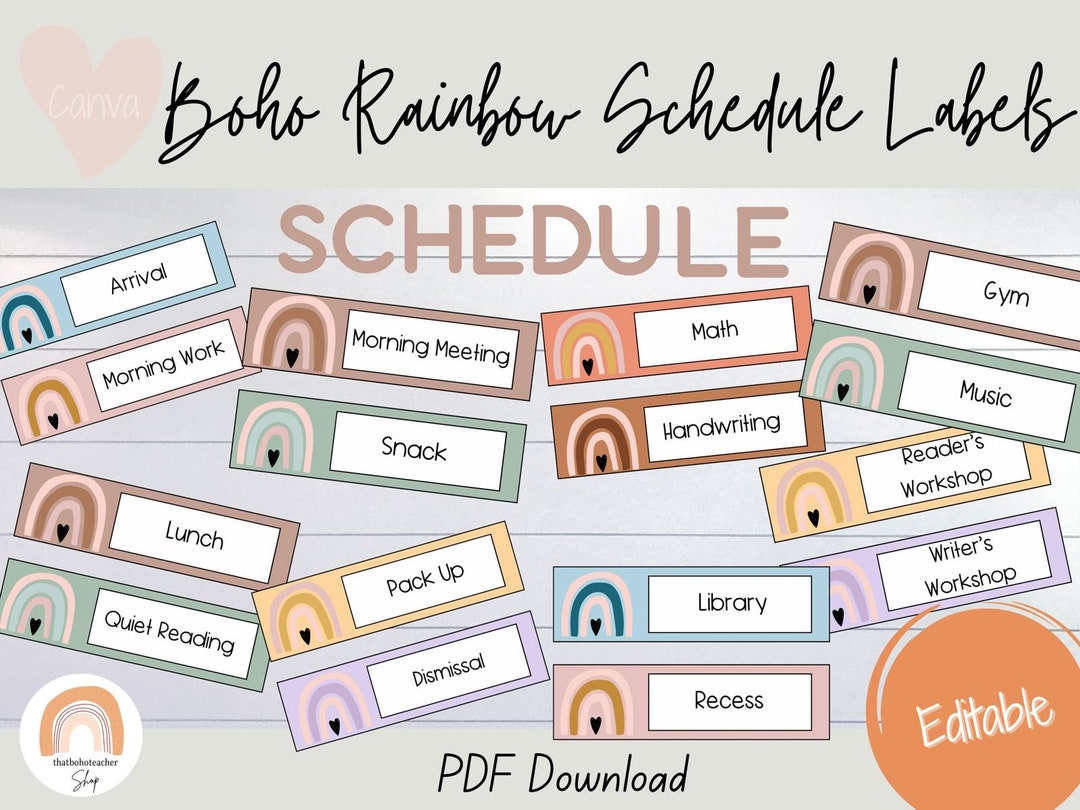 EDITABLE Printable Boho Rainbow Schedule Cards, Classroom Decor ...