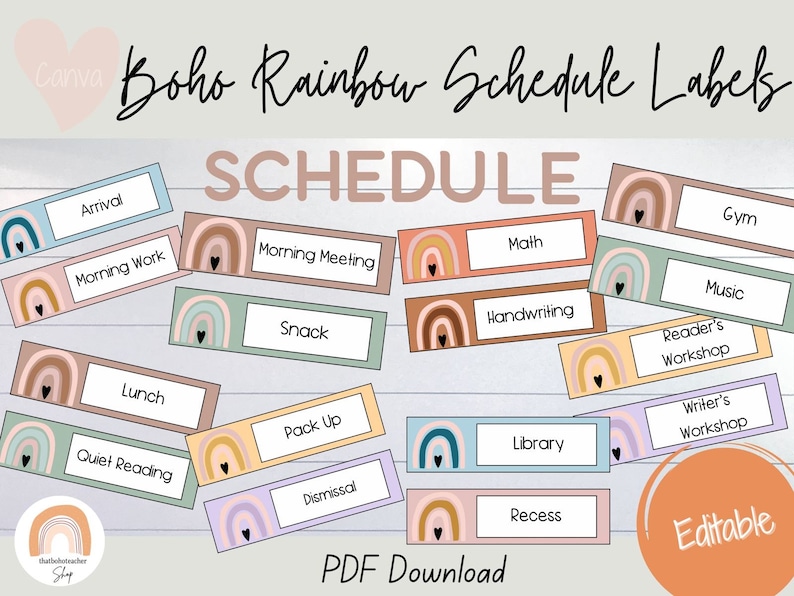 EDITABLE Printable Boho Rainbow Schedule Cards Classroom - Etsy