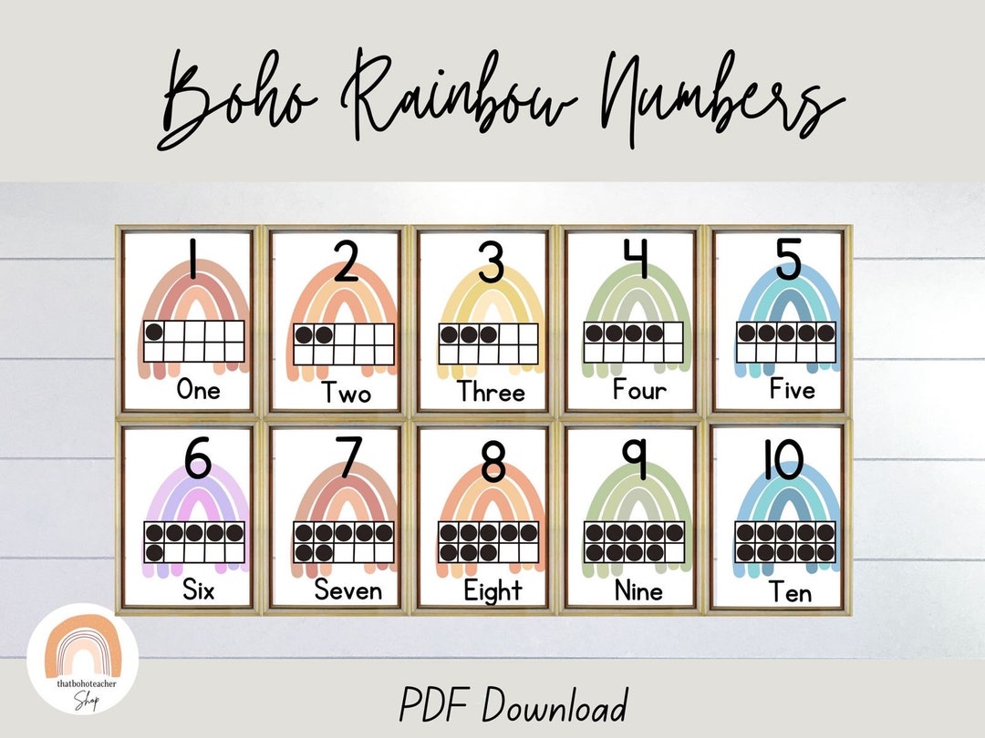 BOHO RAINBOW Numbers 1-10 Posters | Neutral Rainbow Classroom Decor ...