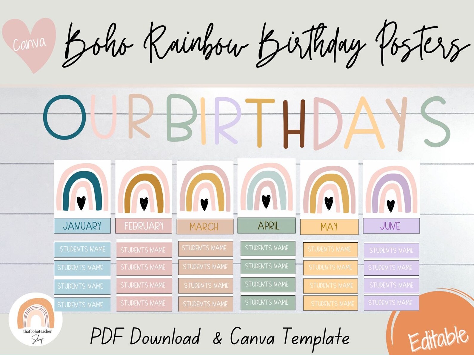 Class Birthdays Printable Posters Boho Rainbow, EDITABLE, Classroom ...