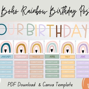 Class Birthdays Printable Posters Boho Rainbow, EDITABLE, Classroom ...