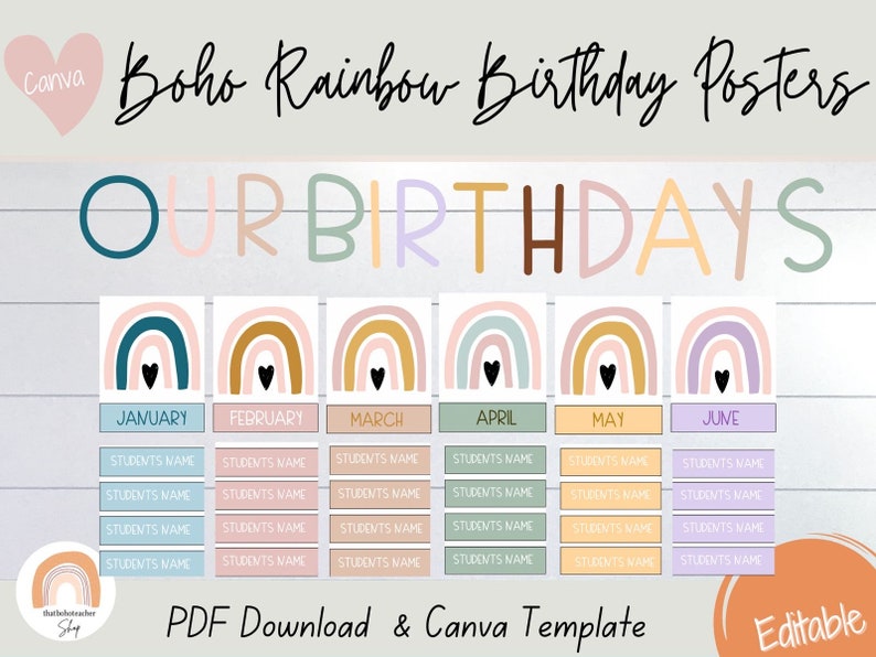 Class Birthdays Printable Posters Boho Rainbow, EDITABLE, Classroom ...