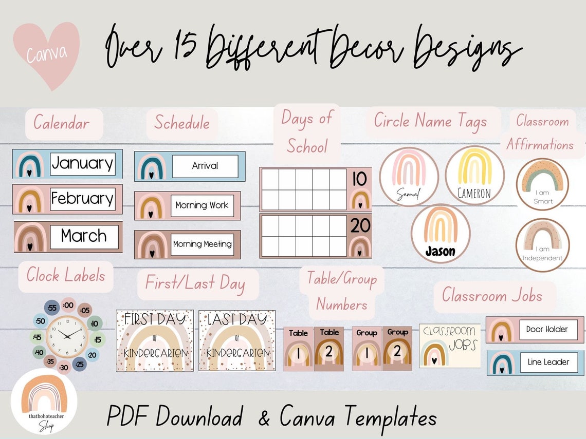 EDITABLE Printable Boho Rainbow Classroom Decor Bundle, Classroom Decor ...