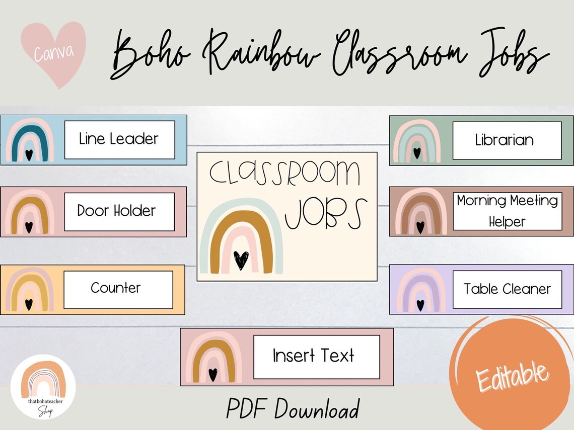 EDITABLE Printable Boho Rainbow Classroom Job Cards, Classroom Decor ...