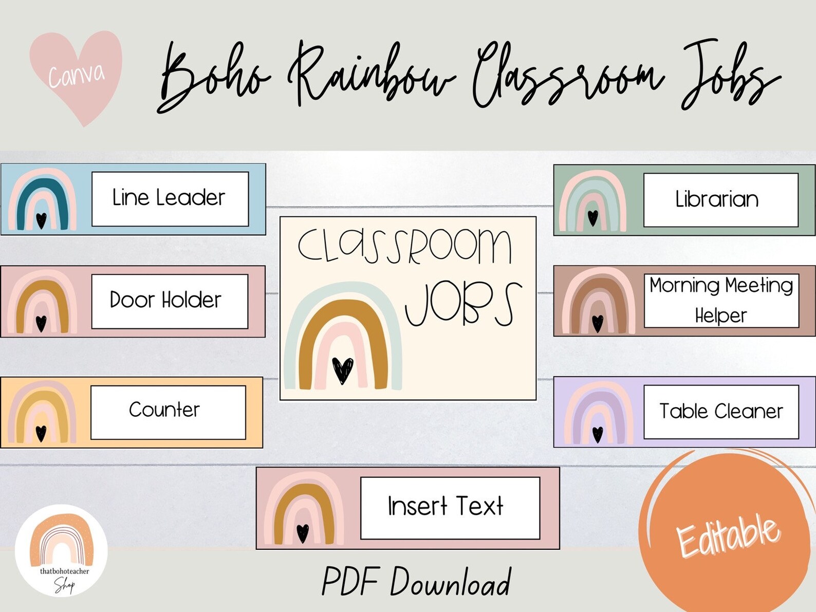 EDITABLE Printable Boho Rainbow Classroom Job Cards, Classroom Decor ...