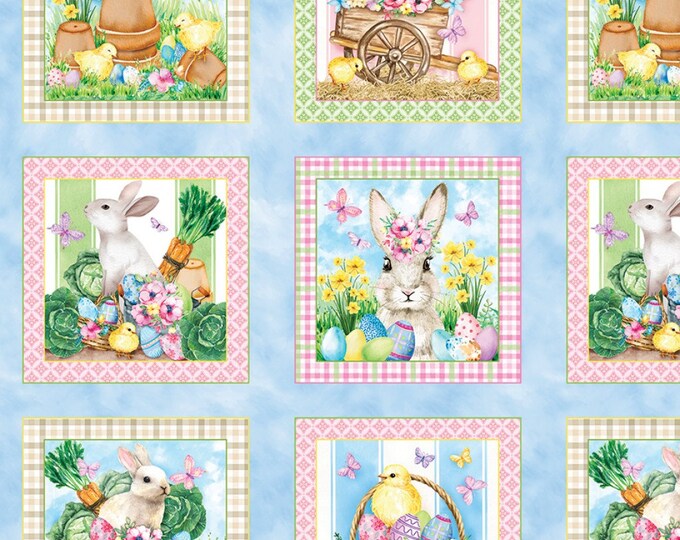 Blue Cottontail Farms Panel 24"x44" by Nicole Decamp for Benartex, Easter Fabric, Easter Panel ...