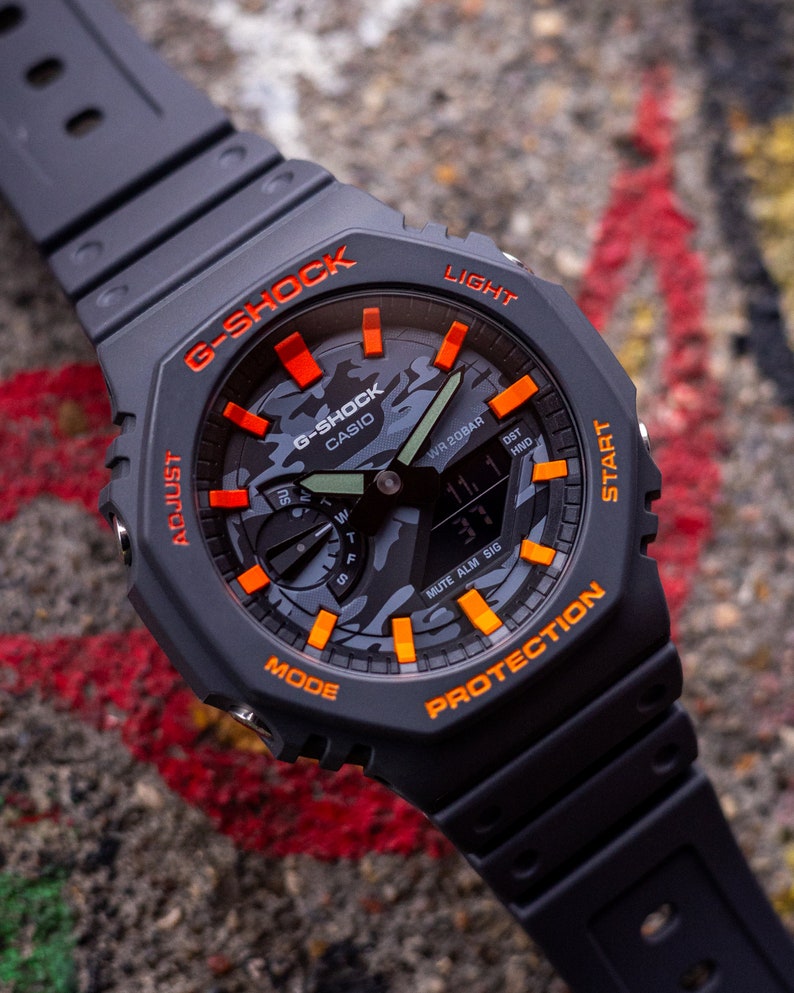 Casio Mod Custom Gshock GA2100 Grey / Urban Camo & Orange High-quality ...