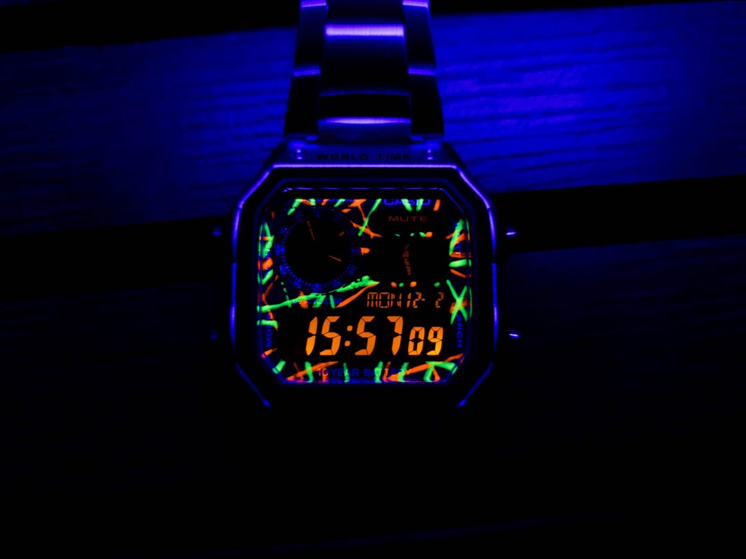 Hand-painted Casio AE-1200 Mod Neon Green and Orange Negative Display UV Effect - Casio Royale ...