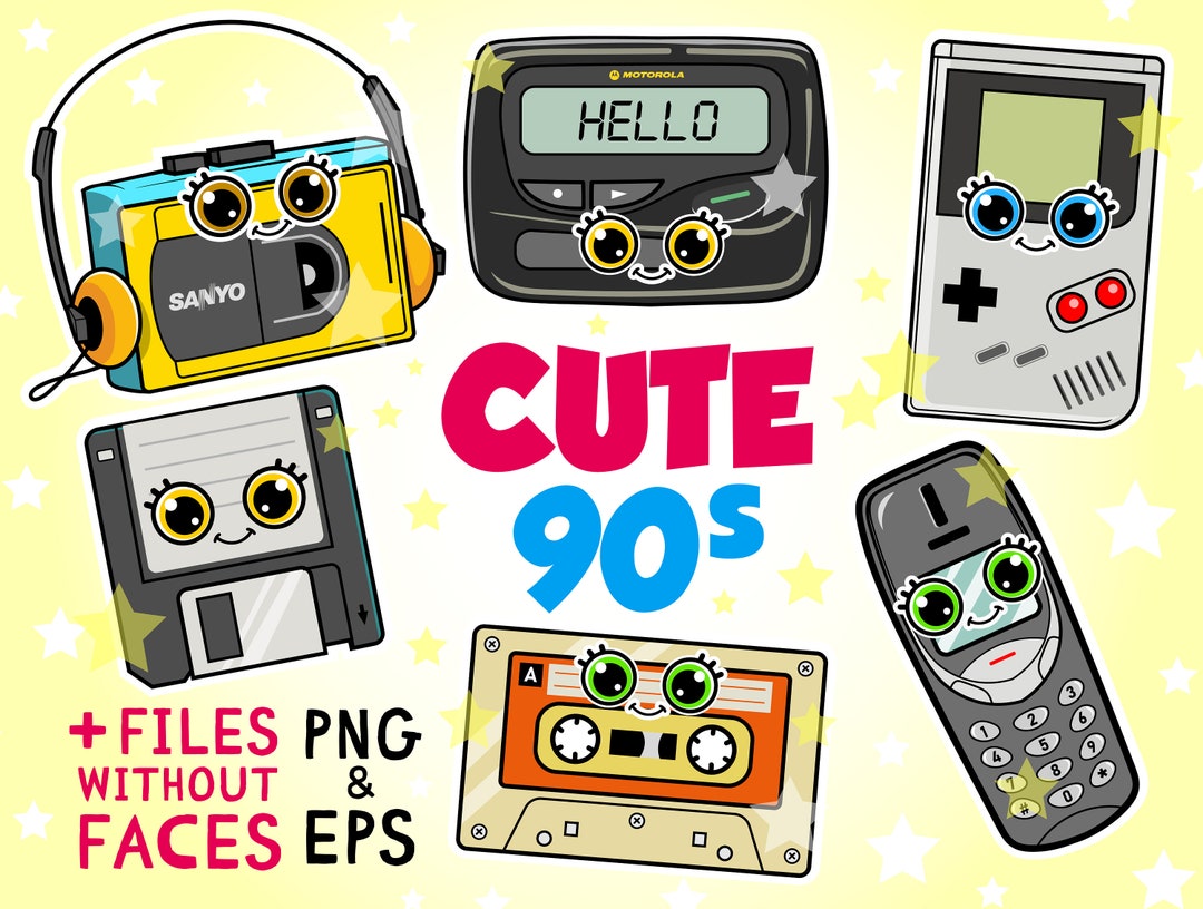Cute 90s Clipart, Chibi 90s Bundle, 90s Technology Clipart, 90s Party ...