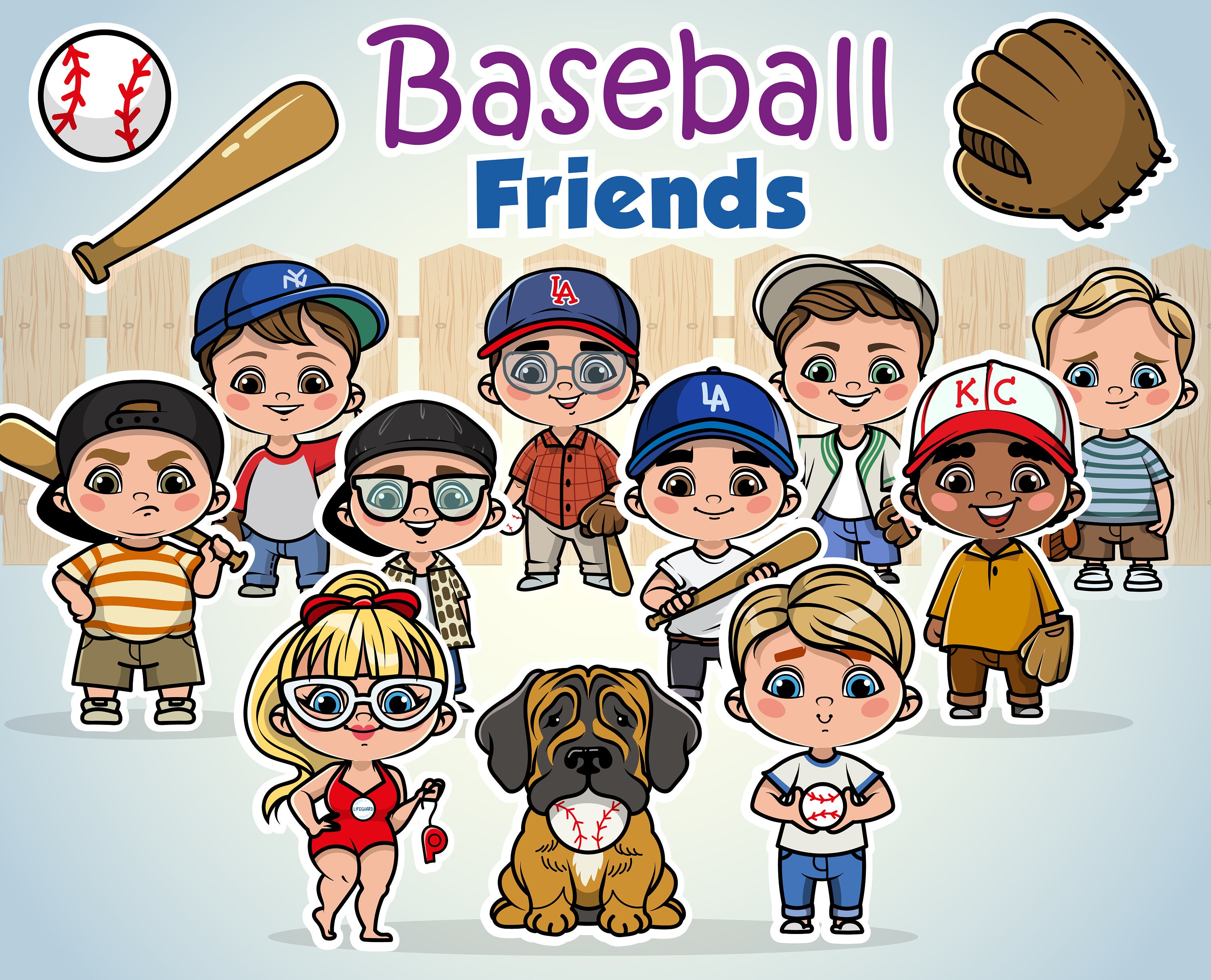 Cartoon Friends Playing Baseball
