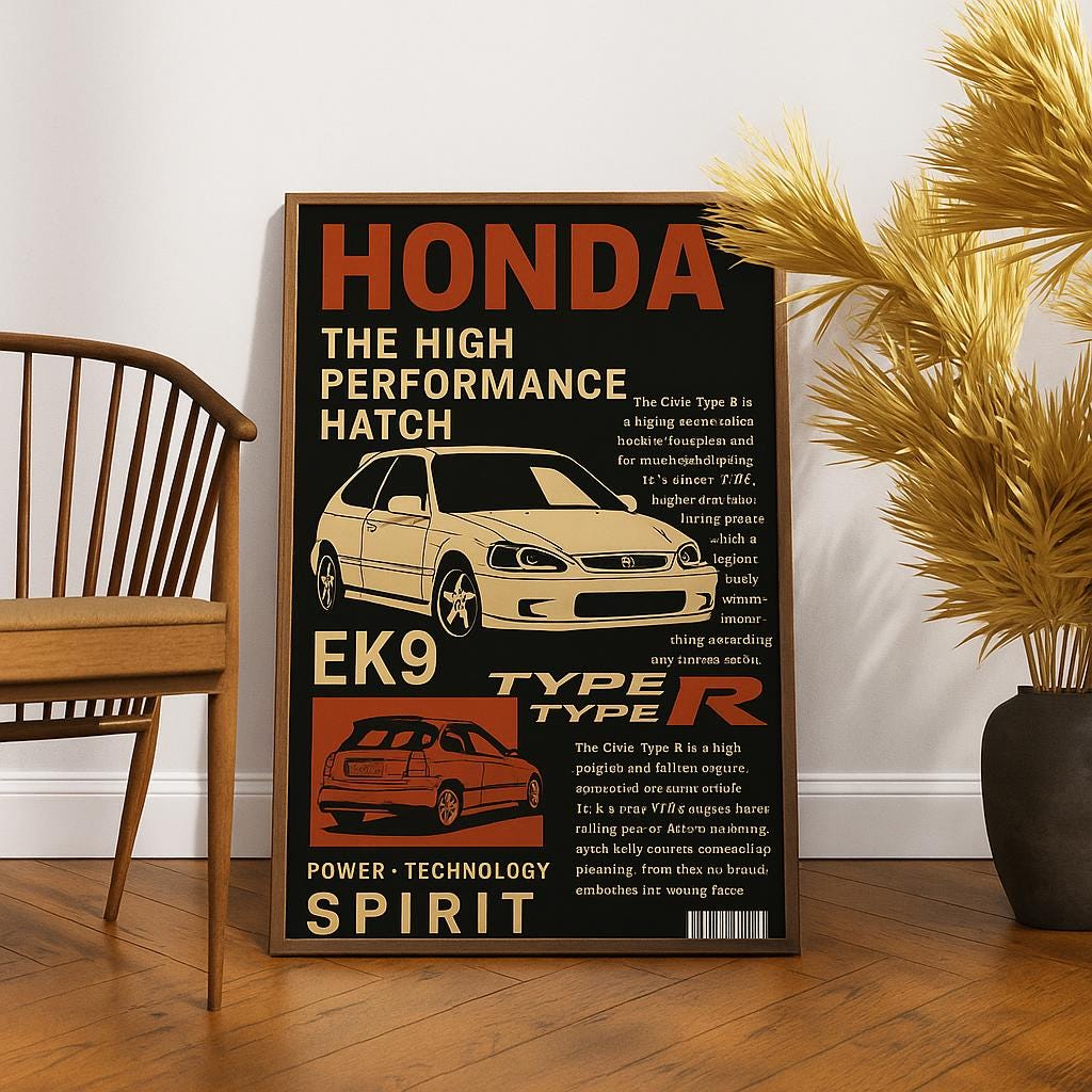 Honda Civic EK9 Type R Poster, Retro JDM Car Print, Classic Japanese ...