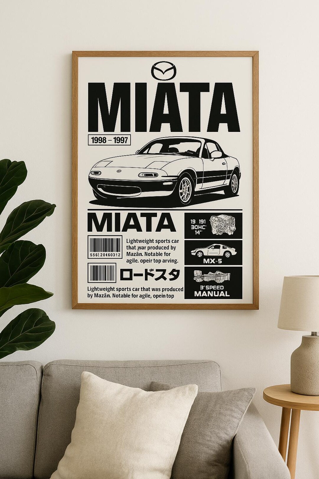 Mazda Miata Poster, Automotive Car Art Print, Classic Roadster Wall ...