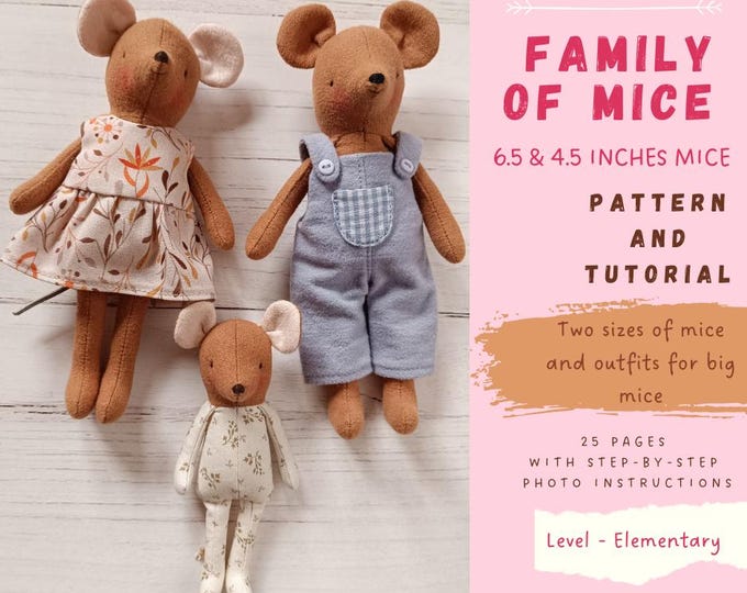 Mouse Sewing Pattern & Tutorial - DIY Family of Mice, Soft Mini Toys ...