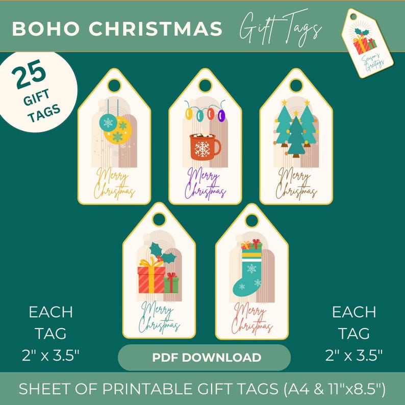 BOHO CHRISTMAS Gift Tags Set of 25 Printable PDF Digital Download - Etsy