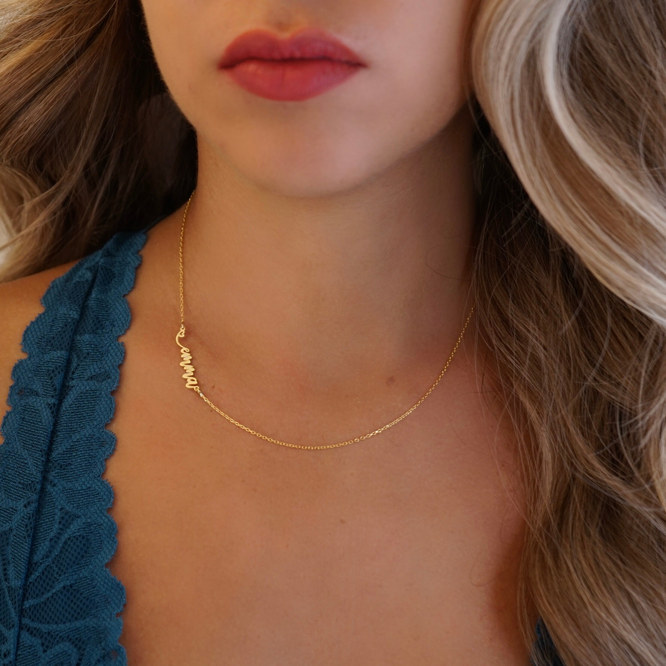 18k Gold Sideways Name Necklace Custom Dainty Necklace Gift - Etsy