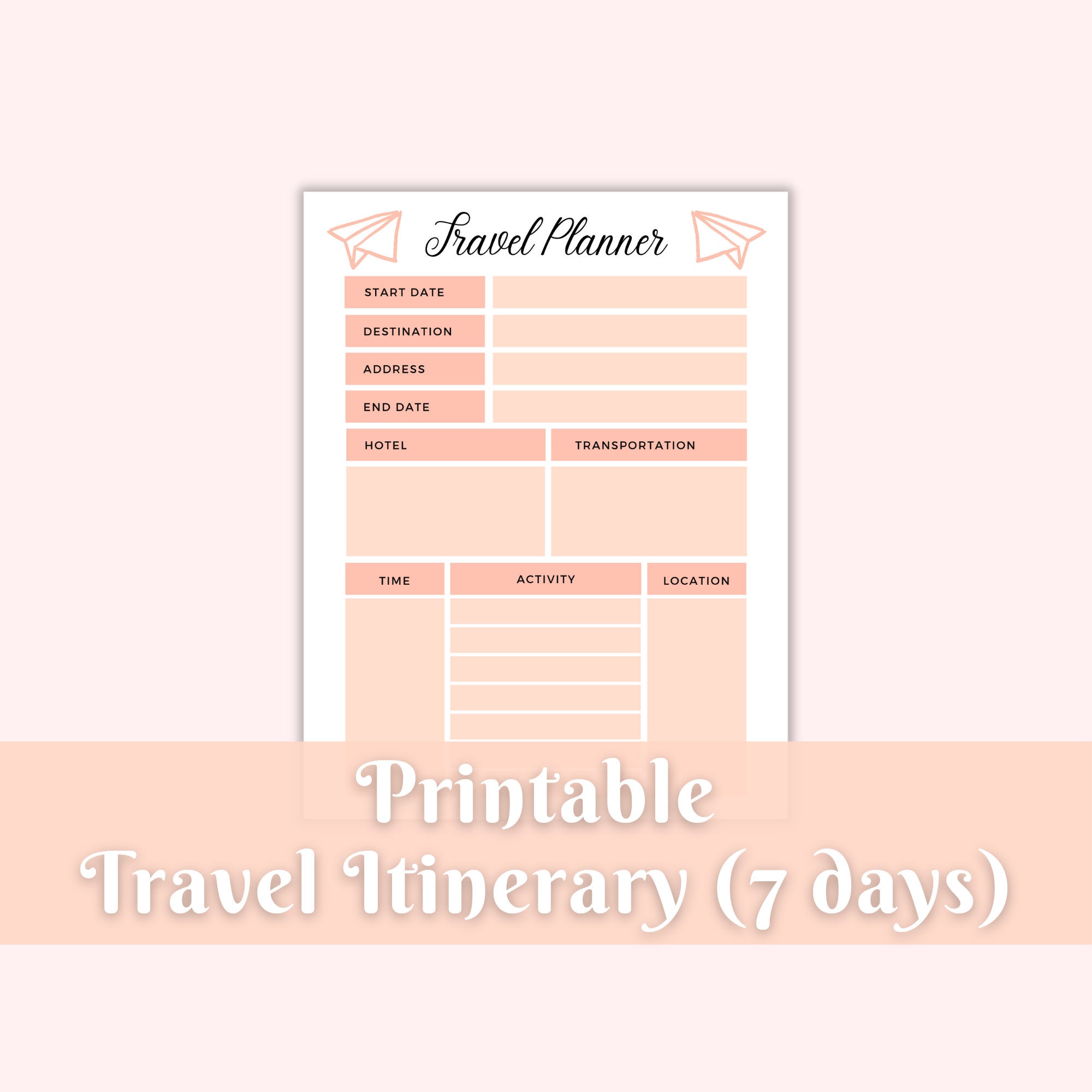 Printable Pink Travel Itinerary. Instant Download .pdf File. Plan up to ...