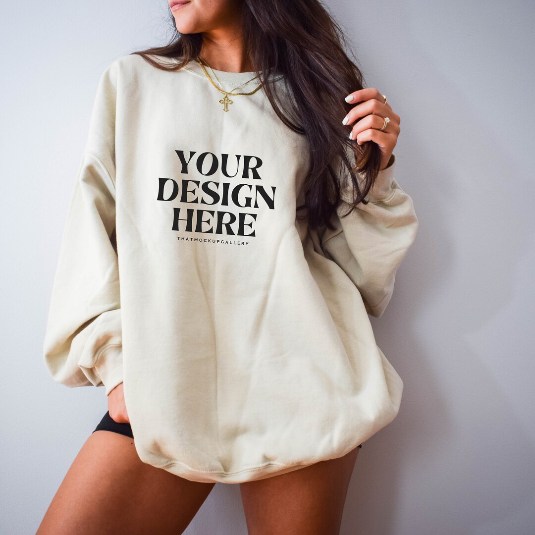 Gildan 18000 Sand Crewneck Mockup Gildan Crewneck Mockup Model Mockup ...