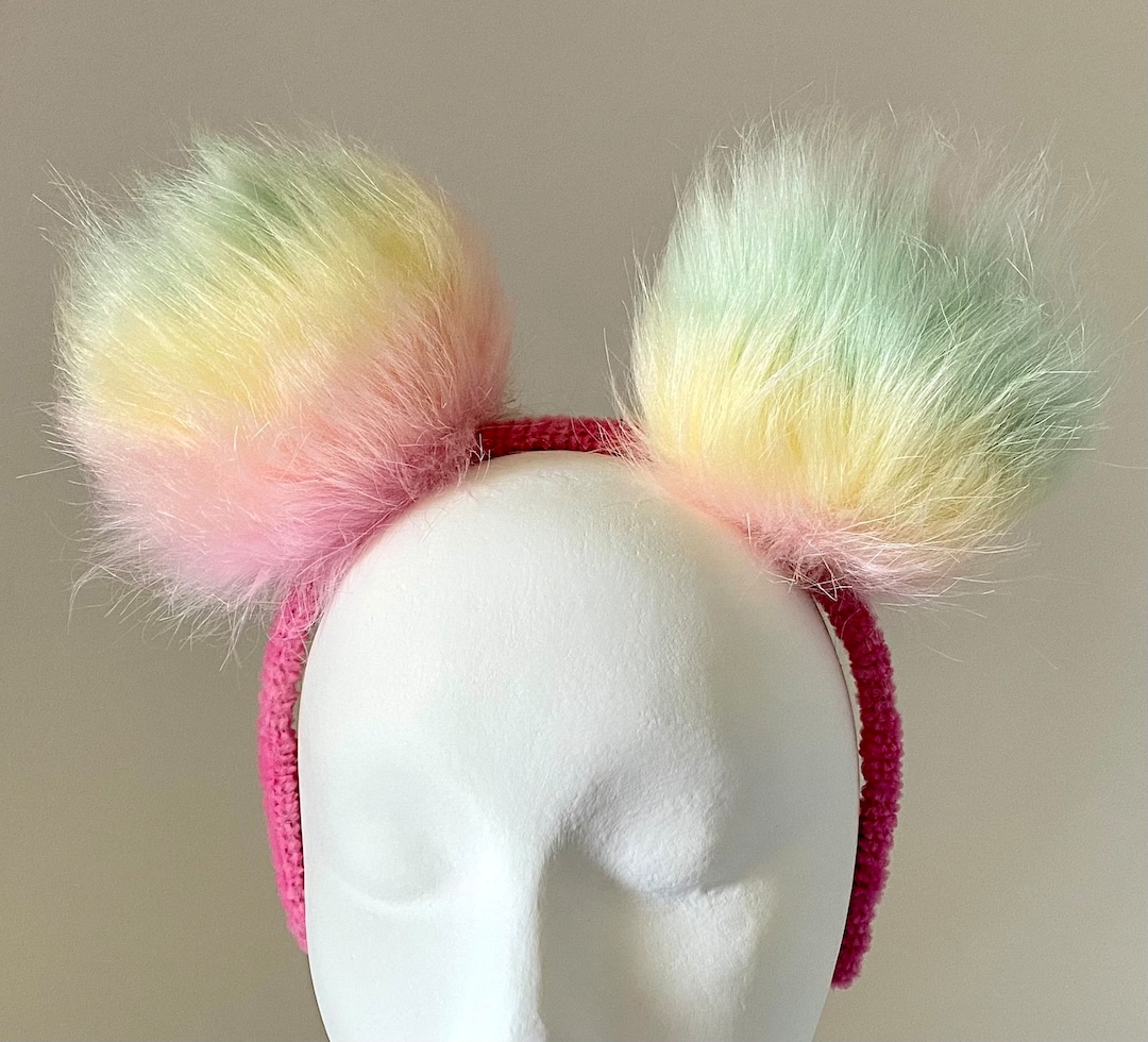 Pink Rainbow Pom Ears Halo, Large Faux Fur Ears, Pastel Rave Ears, Pink ...